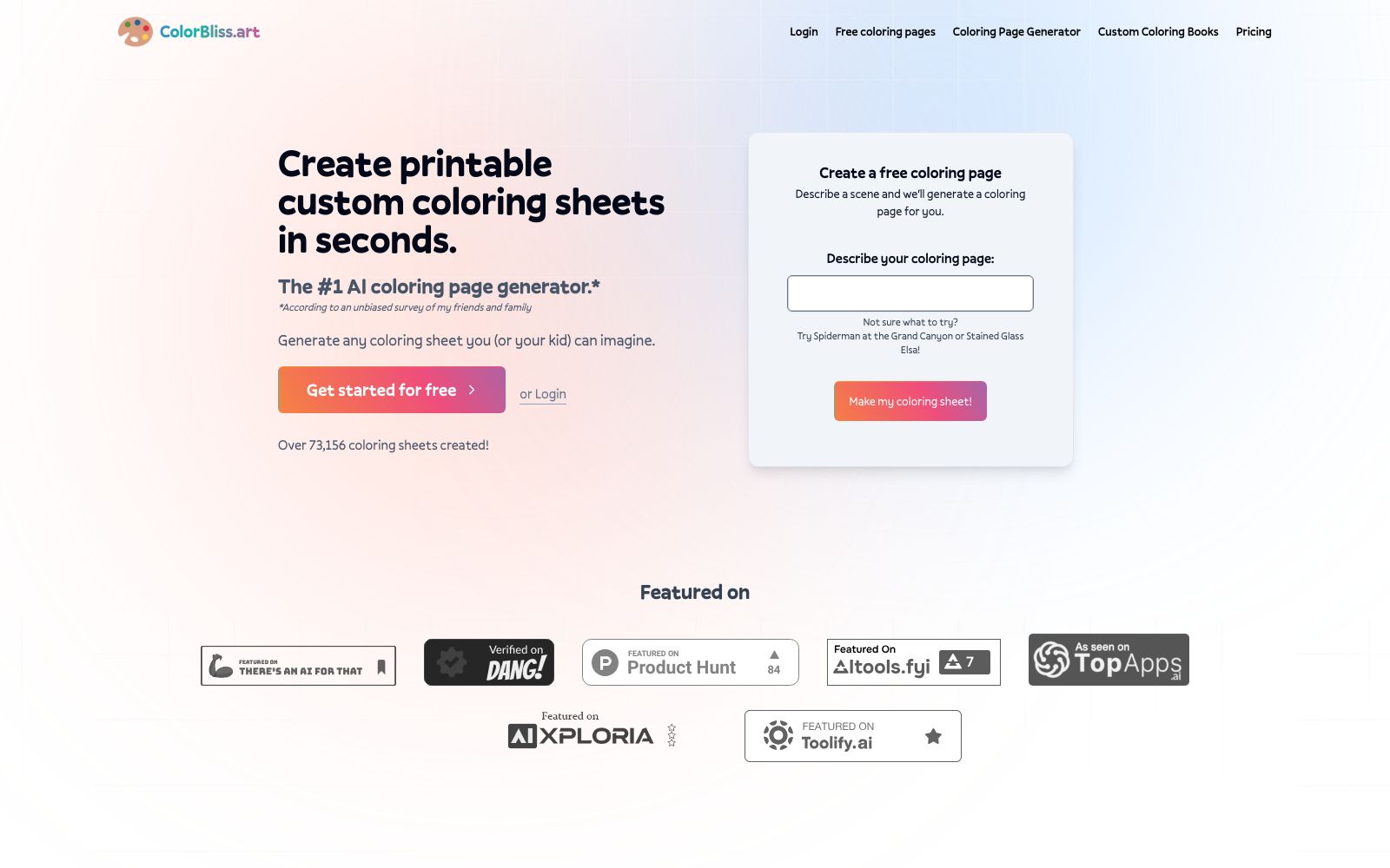 AI Landing Page Feedback for colorbliss.art
